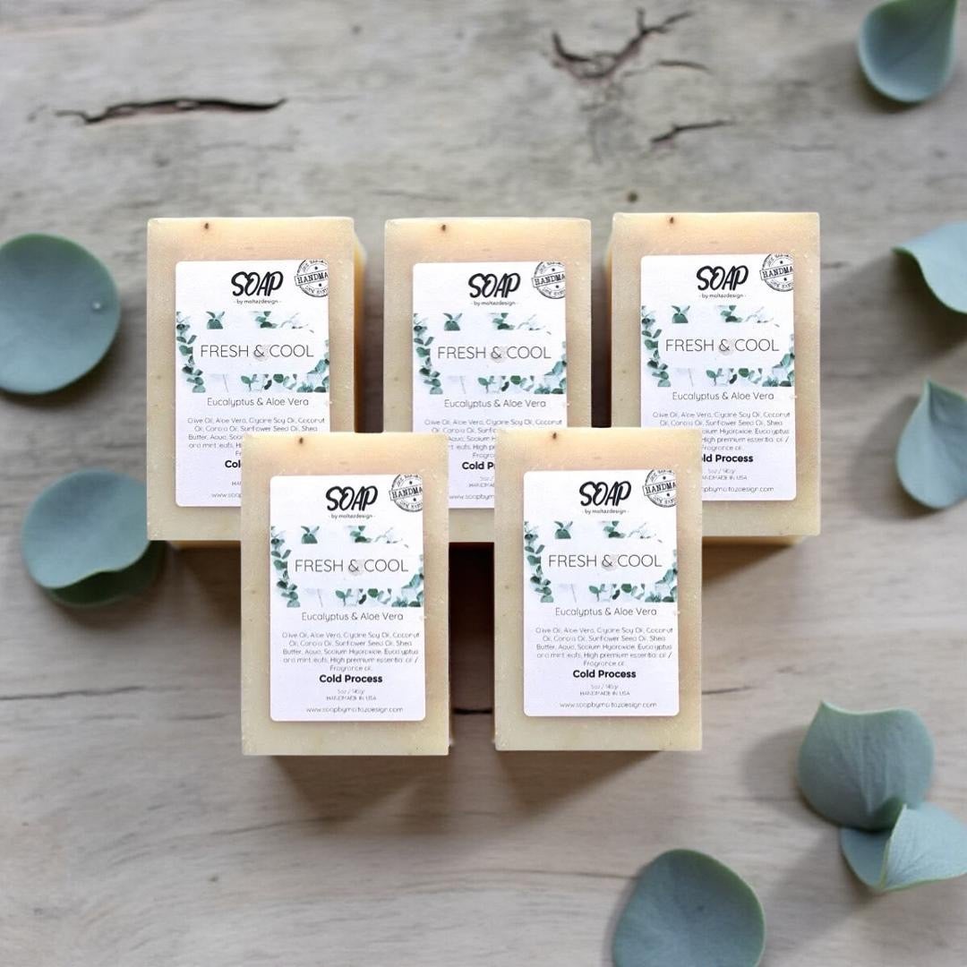 5 Pack Fresh and cool Cold Process soap. 4.9oz. With Eucalyptus, aloe ...